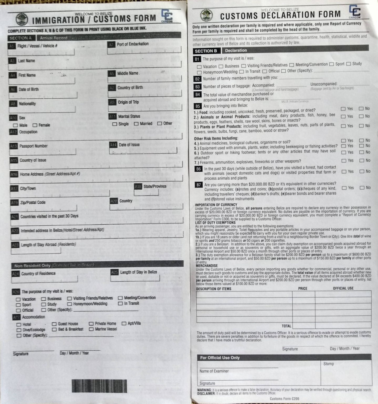 Belize Customs Form - Belize Travel Tips - Customs In Belize